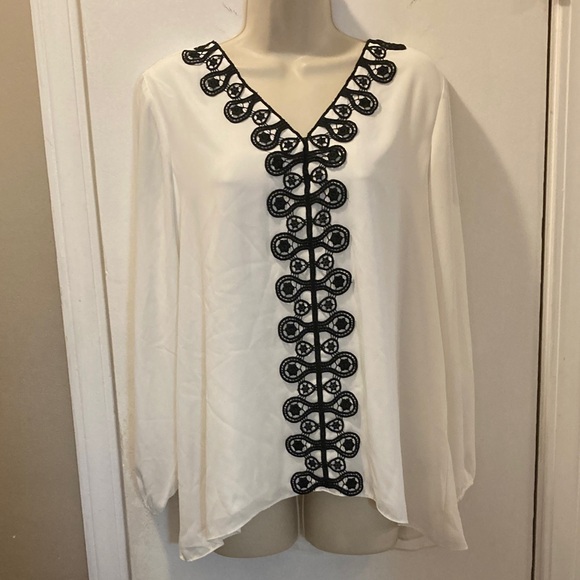 Alfani | Tops | Alfani Small Ls White Blouse With Black Lace Trim 25389 ...